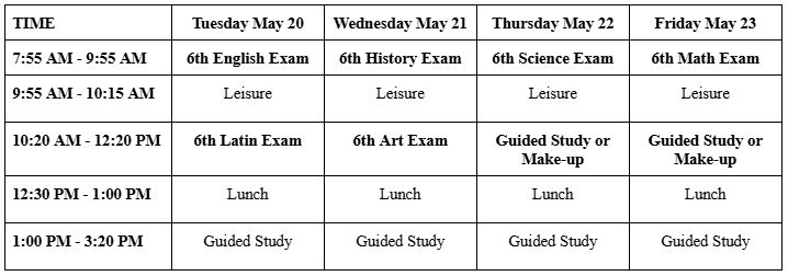 Sixth Grade Finals Schedule