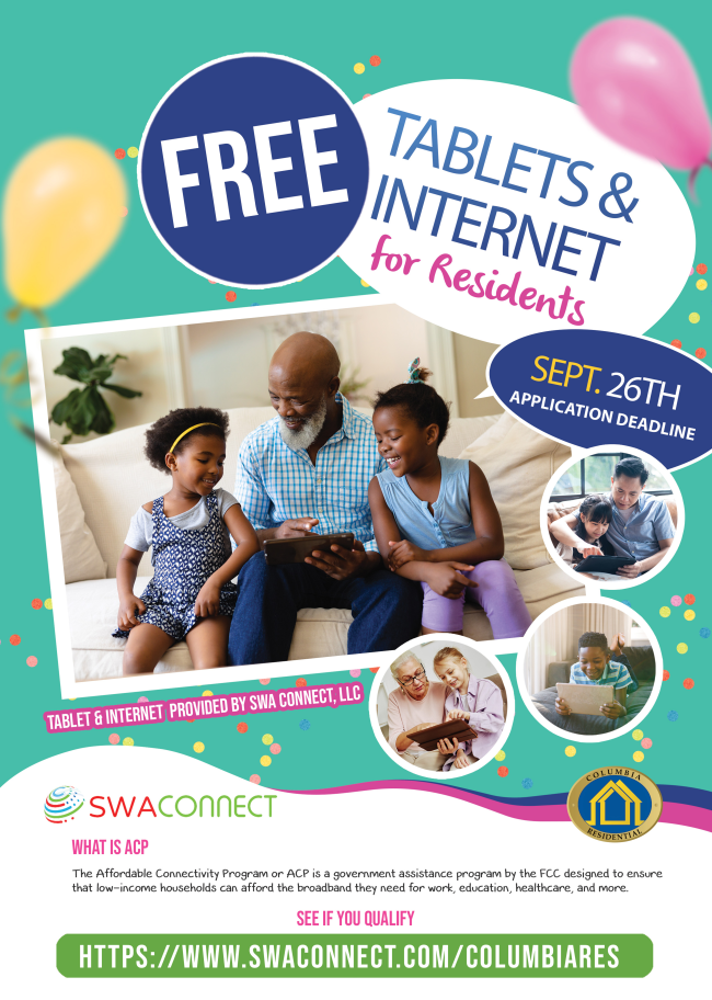 New Resident Services resource for FREE tablets and internet