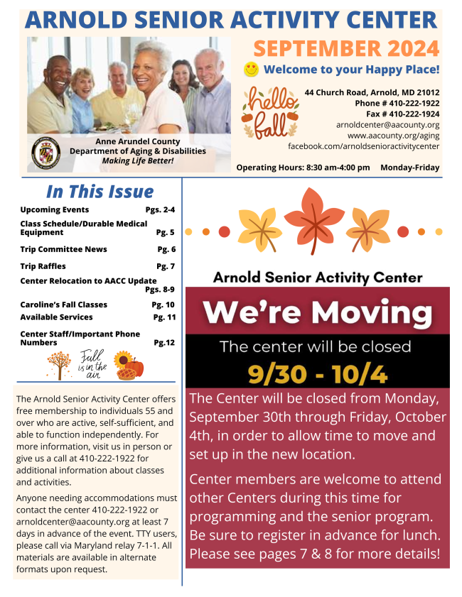 Arnold Senior Activity Center September 2024 Newsletter