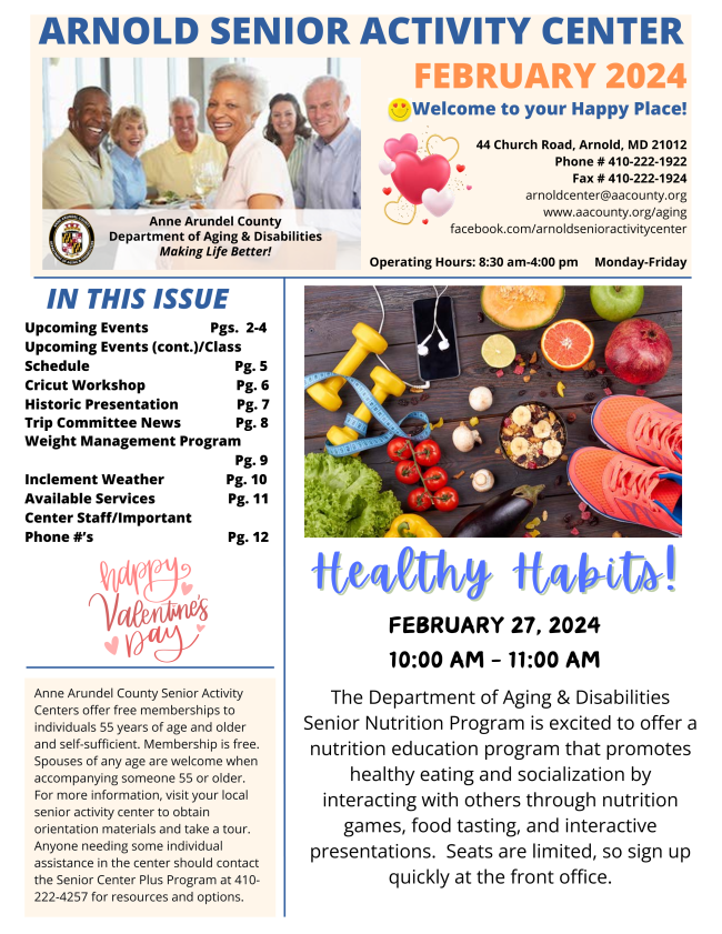 The Arnold Senior Activity Center February Newsletter