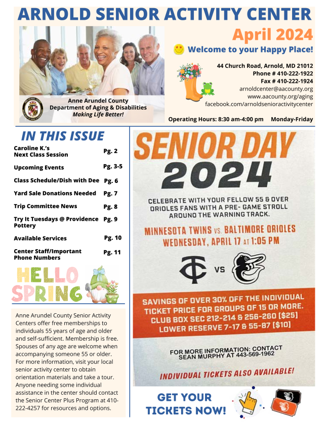 Arnold Senior Activity Center April 2024 Newsletter