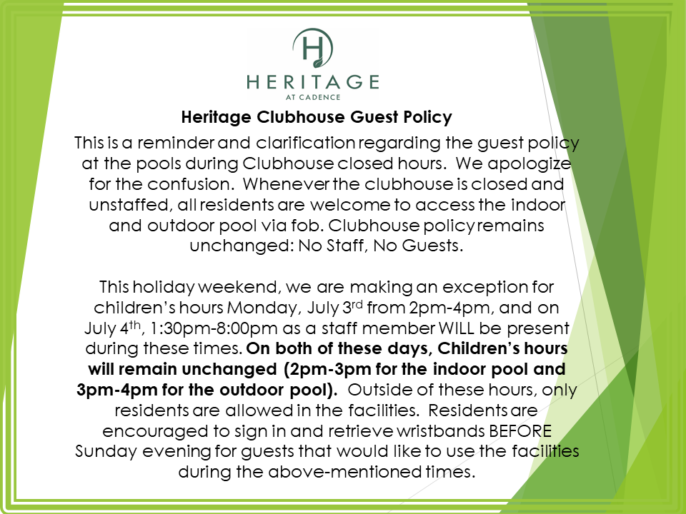Heritage Clubhouse Guest Policy