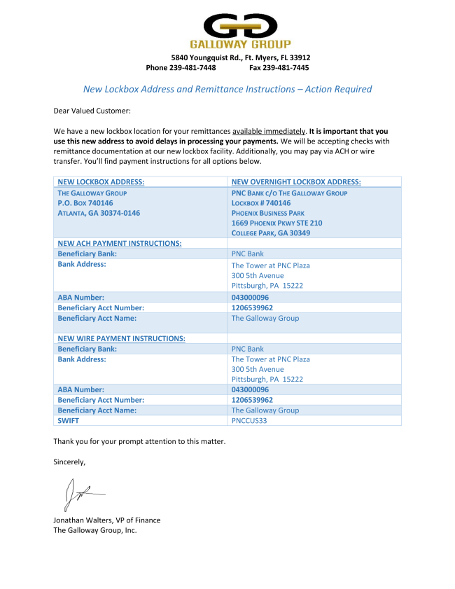 Action Required - New Lockbox Address and Remittance Instructions