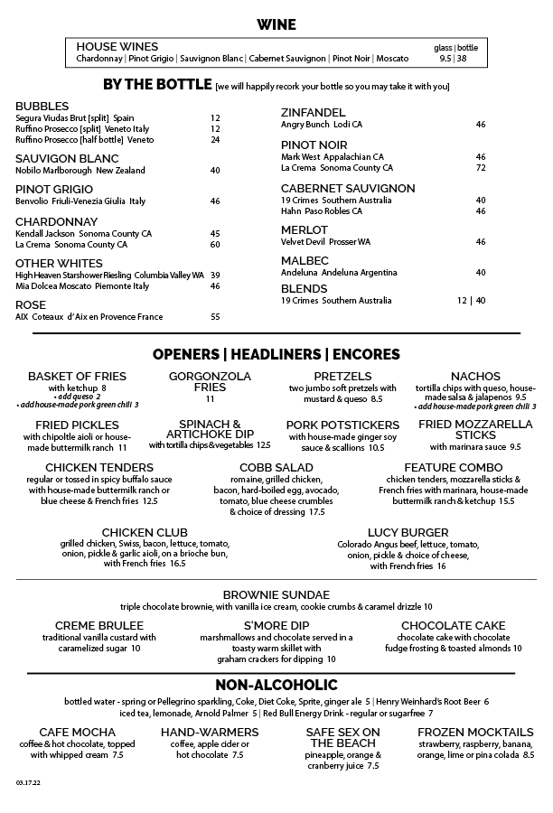 Menu | South at The Landmark | Comedy Works