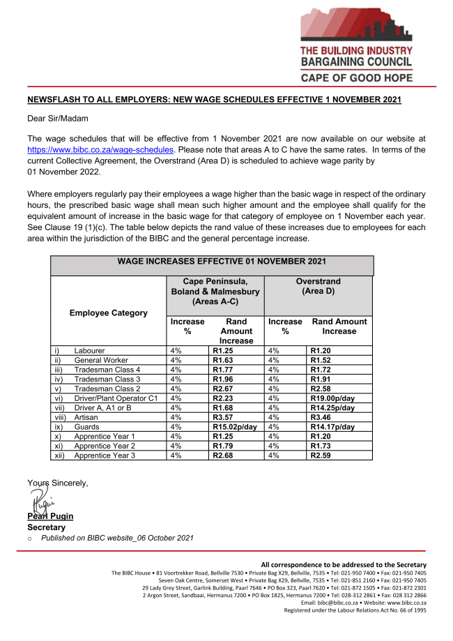 BIBC Notice | Revised Wage Schedule as at 1 November 2021