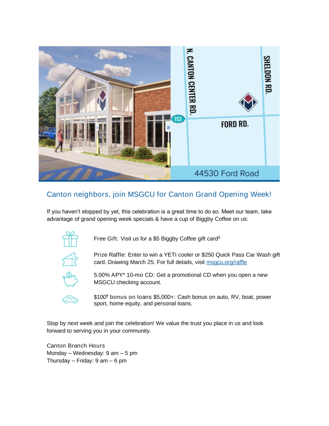 You’re invited! Join MSGCU Next Week for Canton Grand Opening Perks
