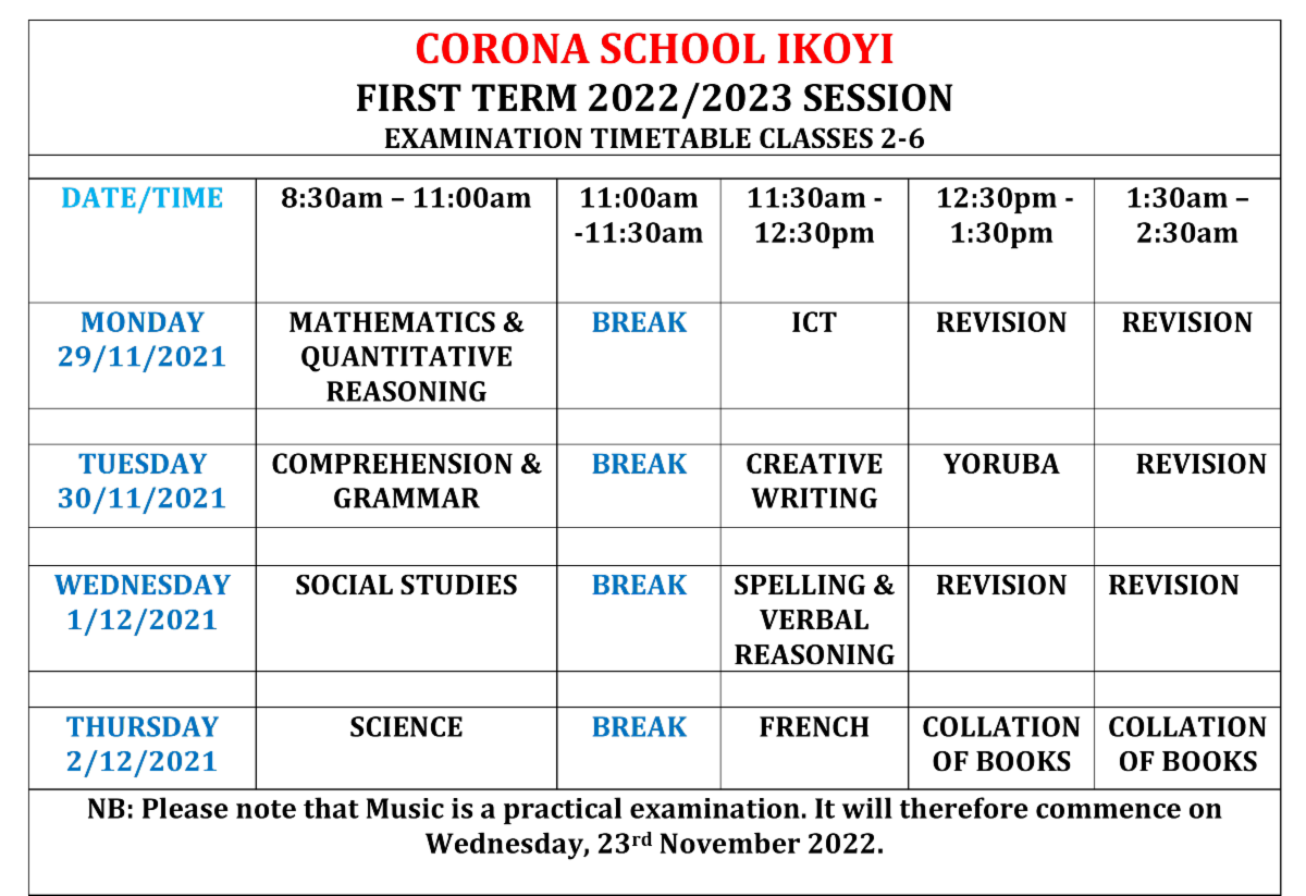 FIRST TERM EXAMINATION TIMETABLE