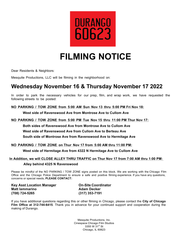 Filming Notice - 16/17NOV : r/EdgewaterRogersPark
