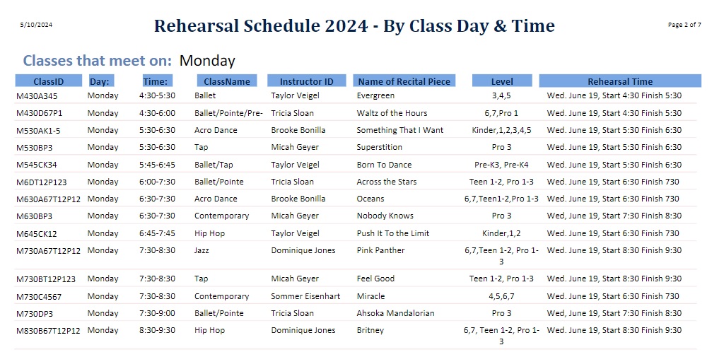 TSDC Recital 2024 - REHEARSAL SCHEDULE