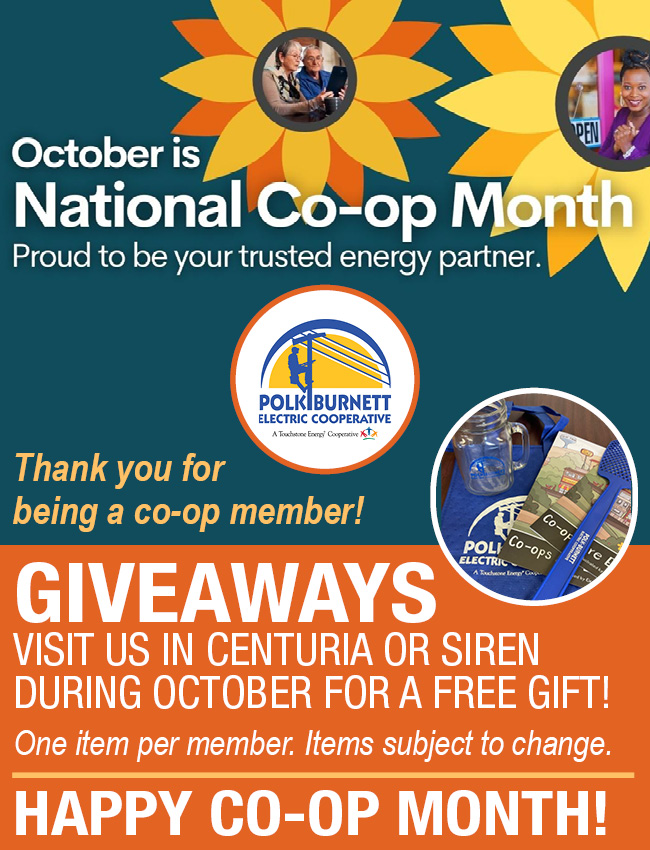 Reminder: Giveaways for co-op month, energy savers & scholarships