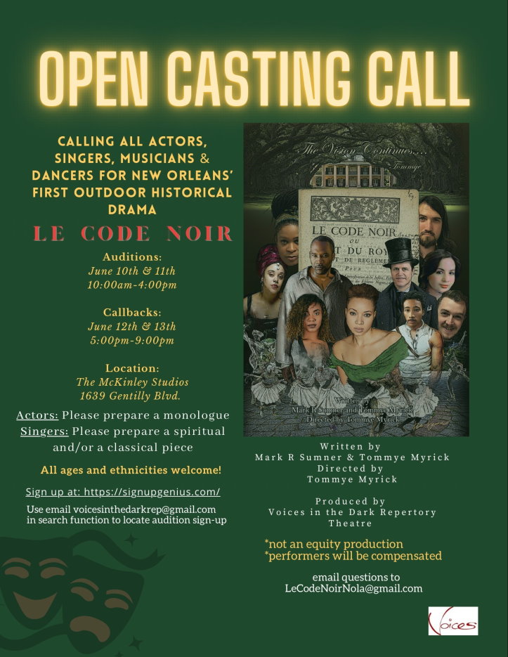 Auditions for “Le Code Noir” premiere stage production