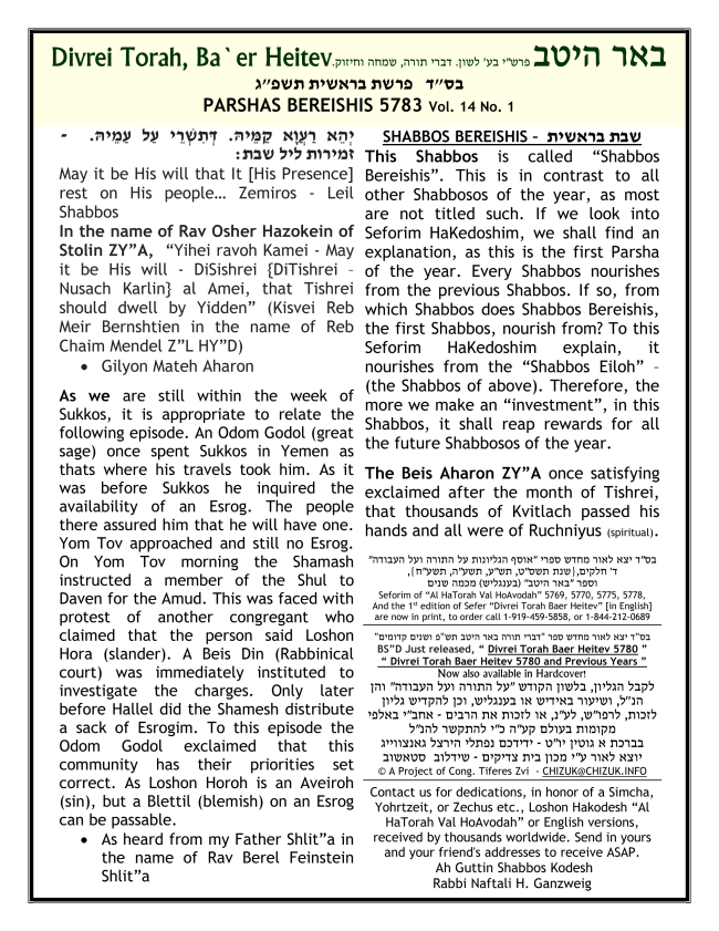 PARSHAS BEREISHIS 5783 - Divrei Torah, Halochoh, Chizuk, Simcha ...