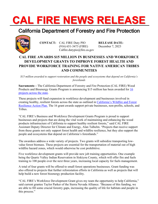 CAL FIRE News Release - $15 Million In Businesses and Workforce ...
