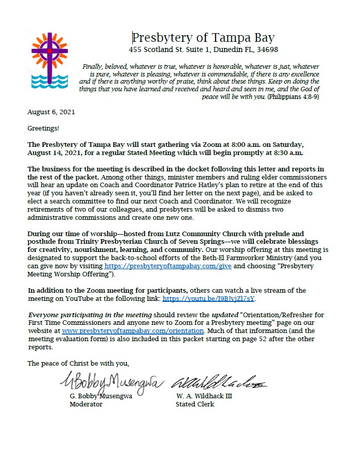 August 14 Presbytery Meeting Packet and a little bit more